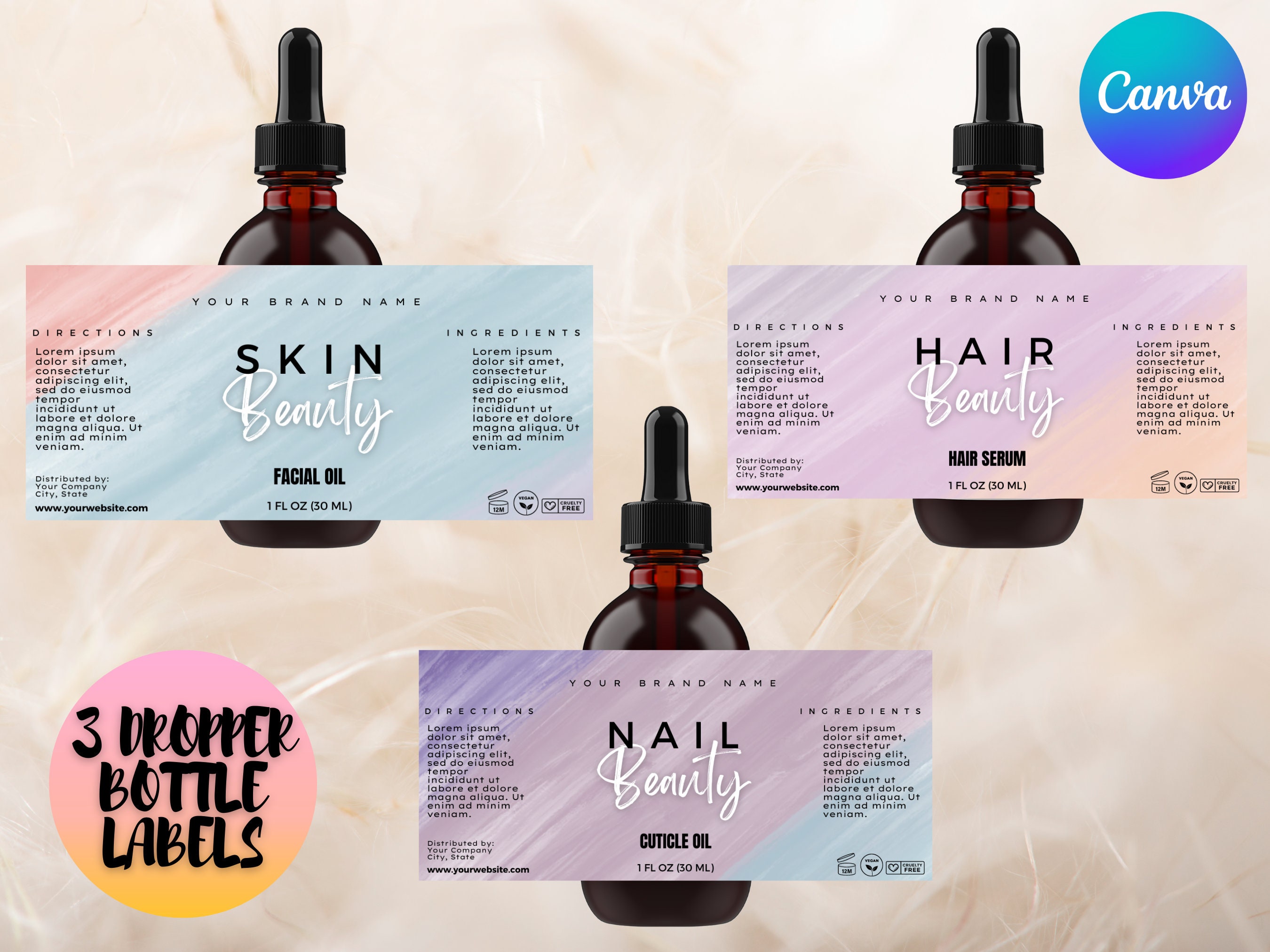 Editable Dropper Bottle Labels, Skincare Serum, Canva Template (digital ...