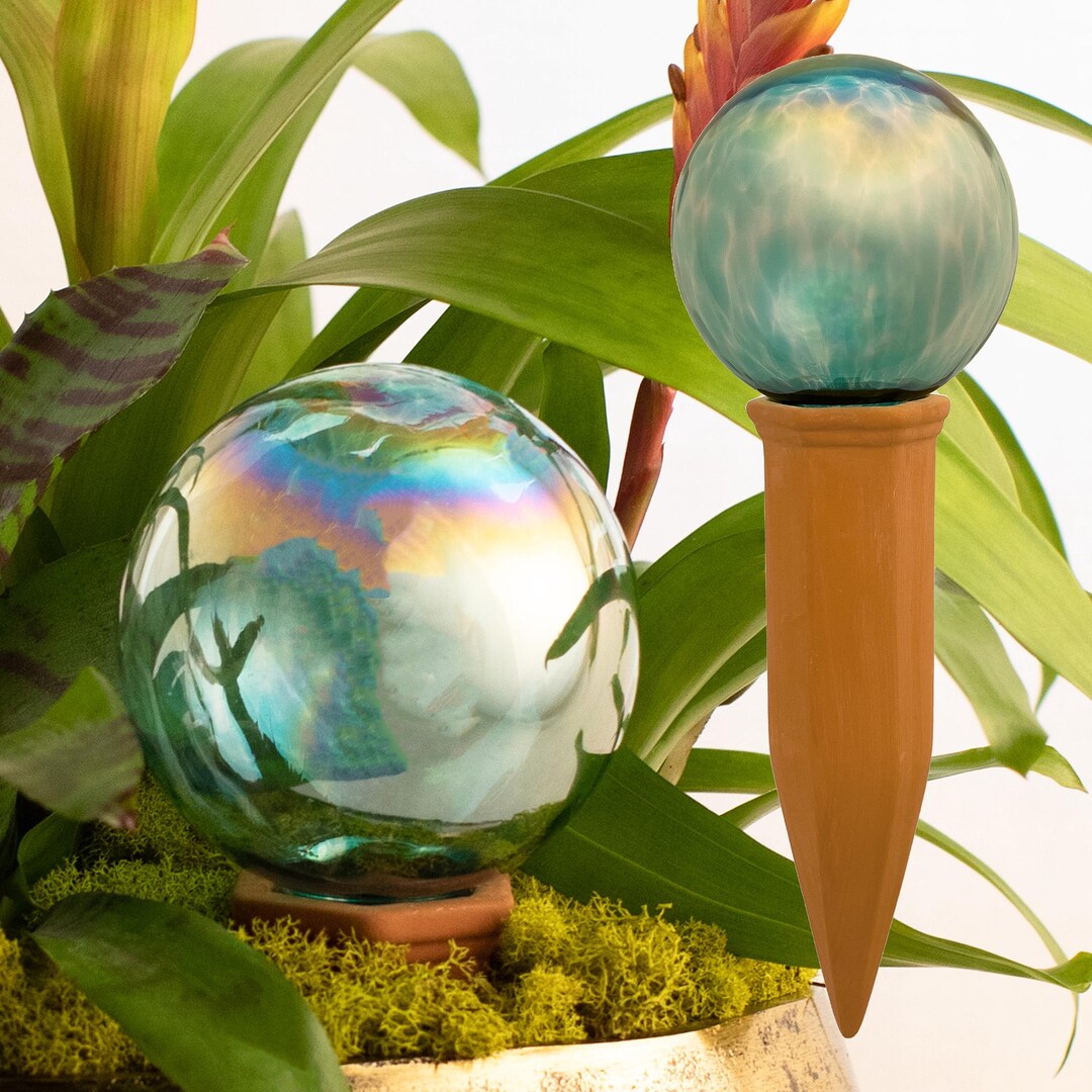 9CM TURQUOISE IRIDESCENT Plant Watering Globe, Sip Squad Stem Filled ...