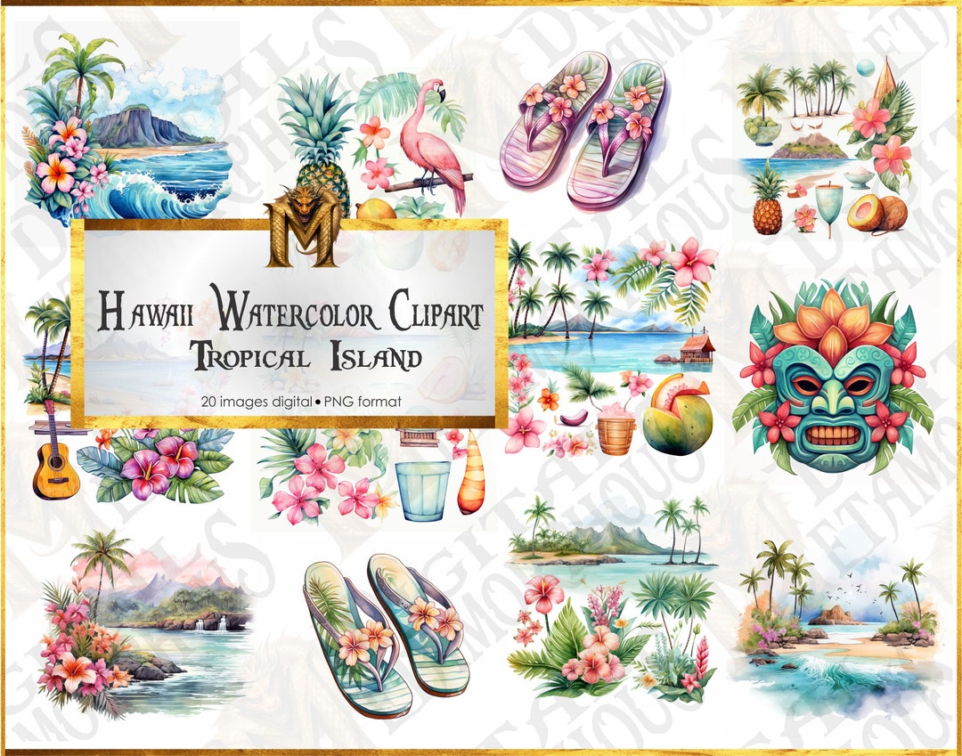 Hawaii Watercolor Clipart, Tropical Island Instant Download for ...