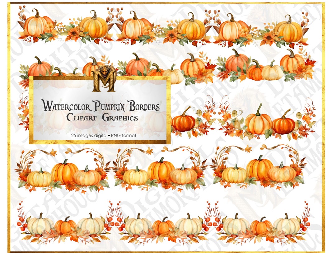 Watercolor Pumpkin Borders Clipart. Fall Autumn Borders Clip-art ...