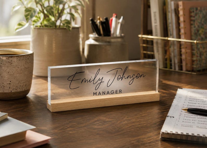 Personalized Desk Name Plate, Clear Acrylic With Wooden Base Plaque ...