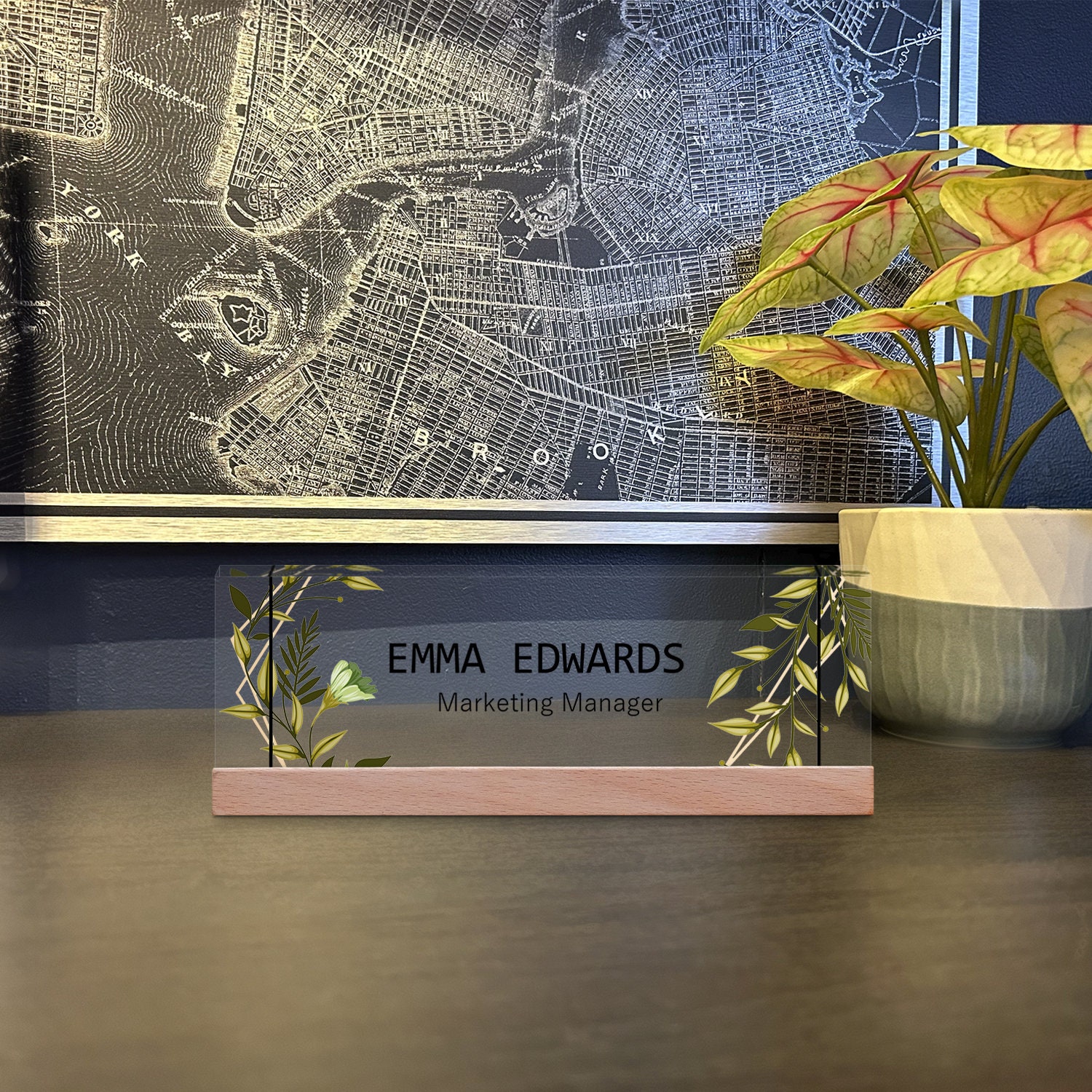 Desk Name Plate Custom Acrylic Name Sign With Flowers Unique Desk Decor ...