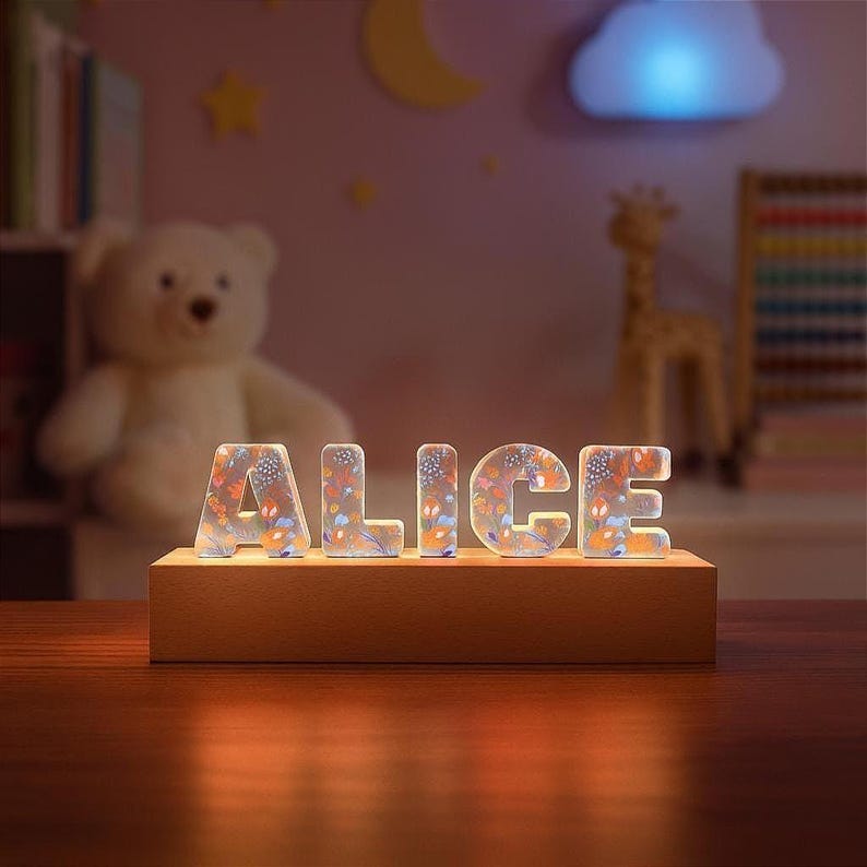 Custom Name LED Light, Floral Acrylic Nursery Night Light, Name Light ...