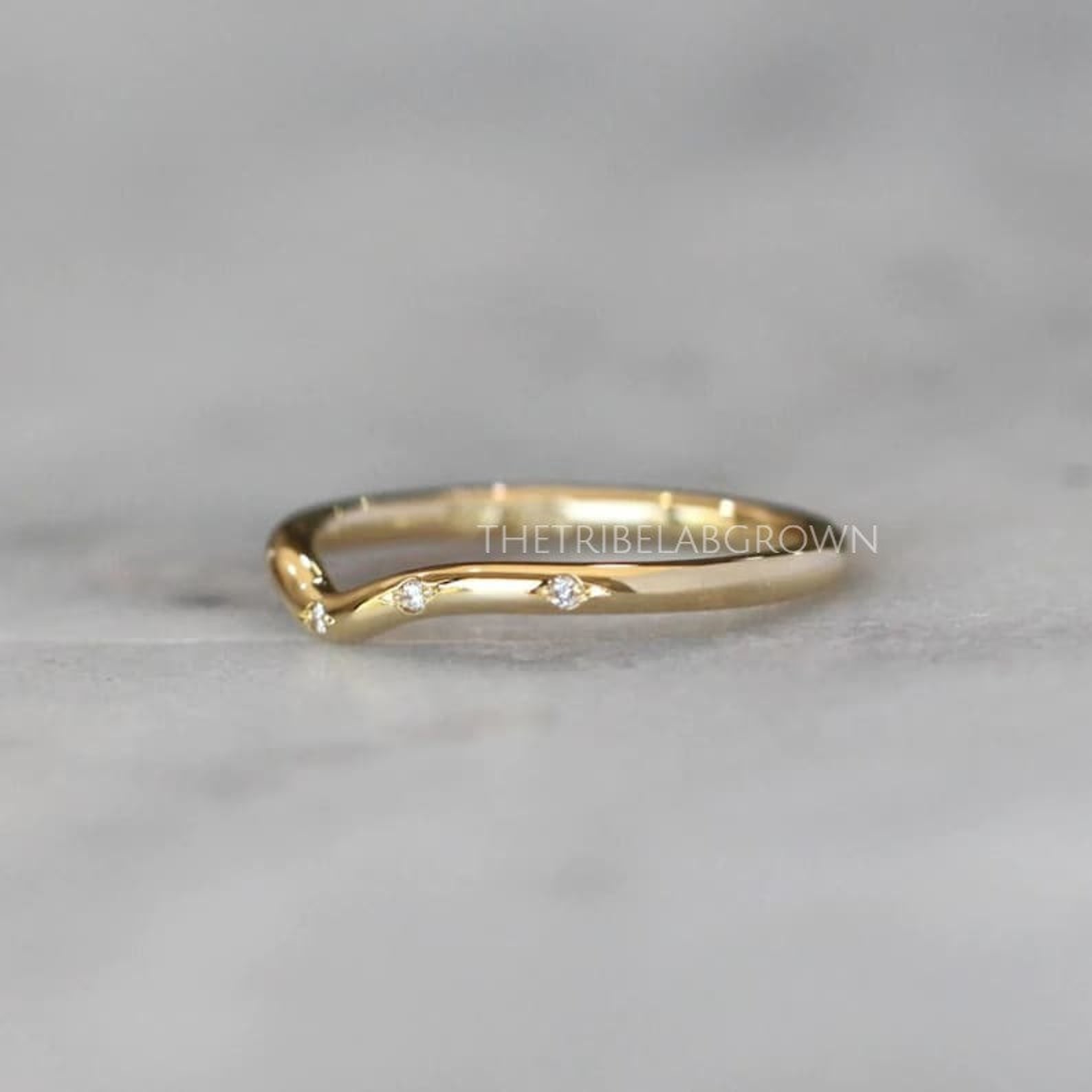 14k Gold Curved Wedding Band, Dainty Moissanite Band, Contour Stacking ...