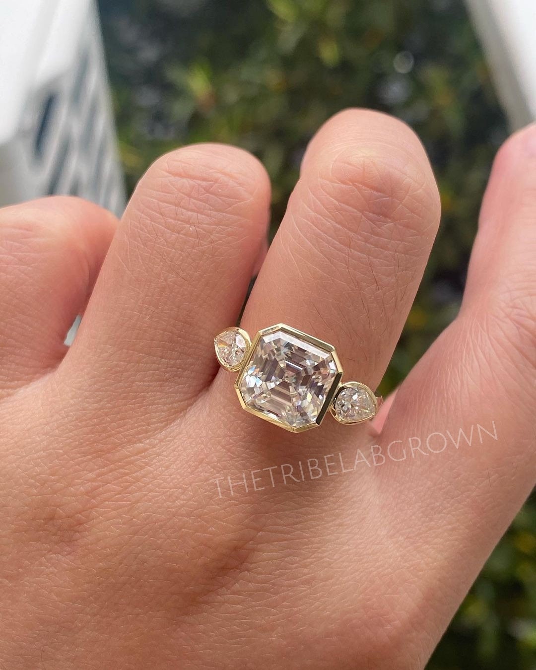 2 CT Asscher Cut Moissanite Engagement Ring, 14k Solid Gold Bezel Set Ring, Three Stone Wedding ...