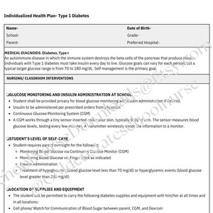 Diabetes School Health Plan, Type 1 Diabetes IHP - Etsy