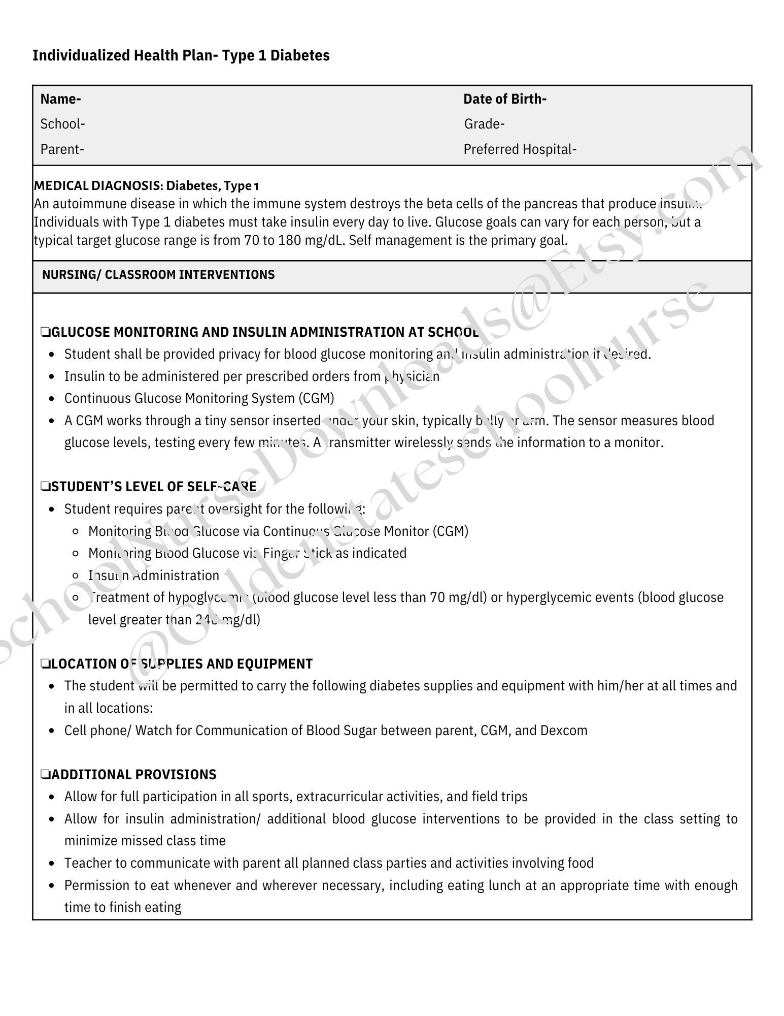 Diabetes School Health Plan, Type 1 Diabetes IHP - Etsy
