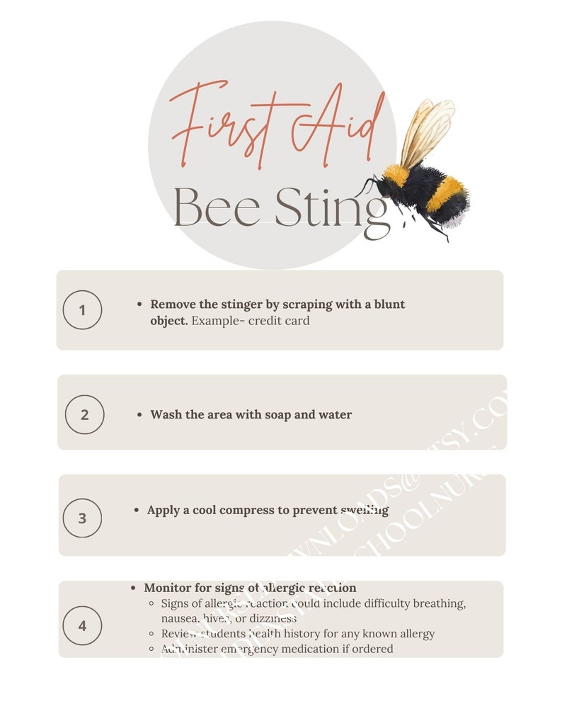 Bee Sting First Aid Infographic, School Nurse - Etsy