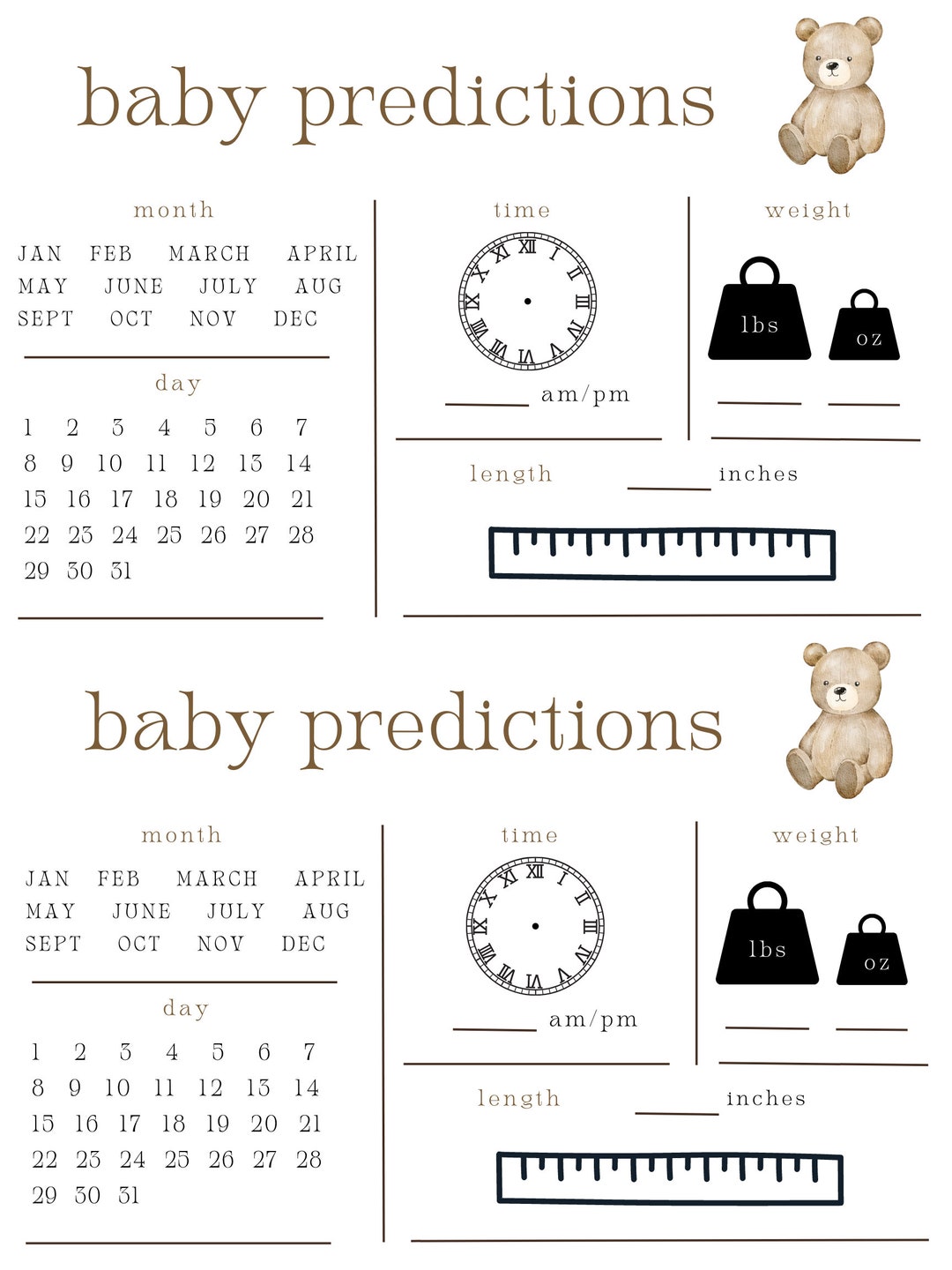 Teddy Bear Theme Baby Prediction Chart | Baby Prediction Chart | Teddy ...