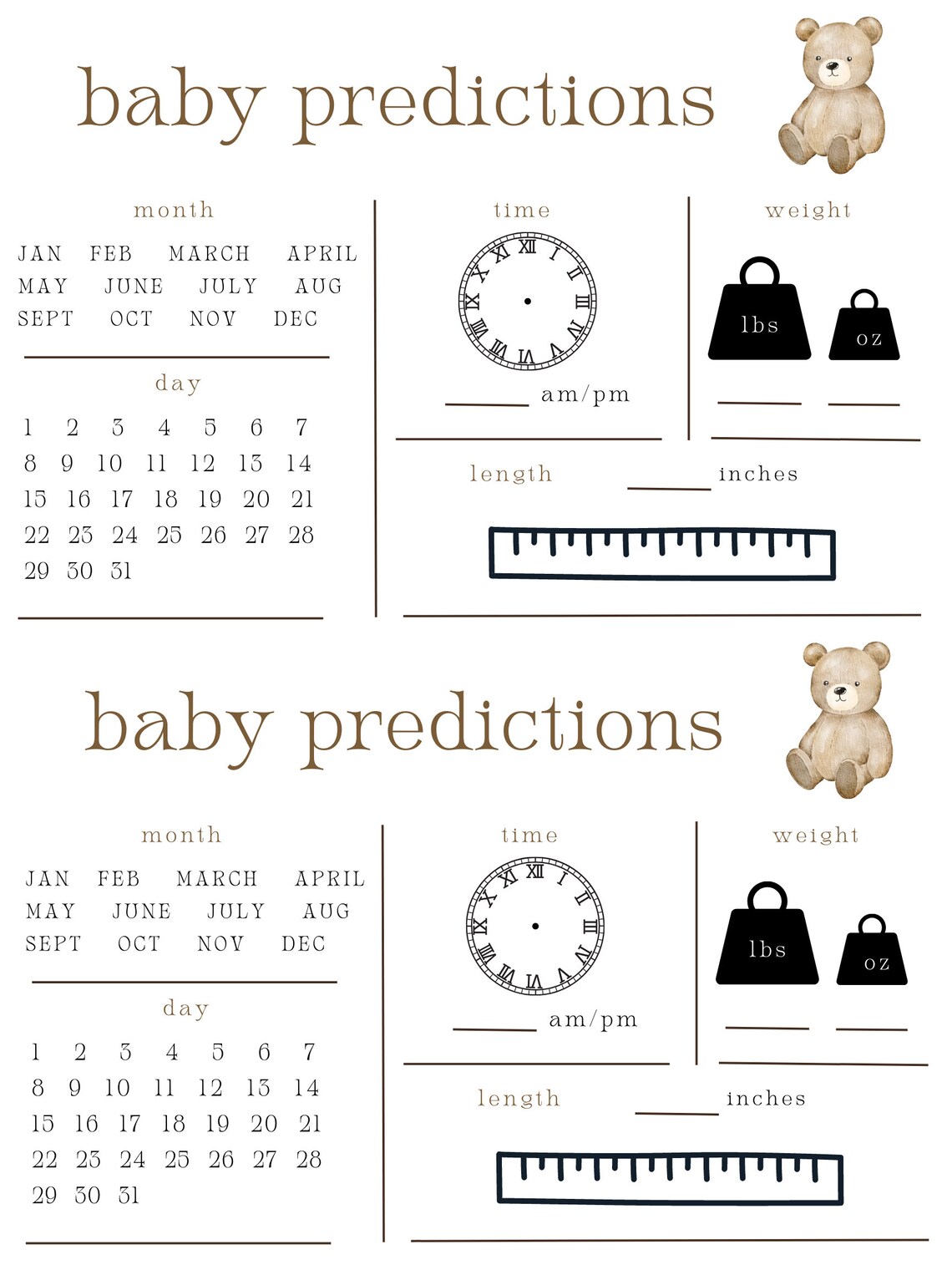 Teddy Bear Theme Baby Prediction Chart | Baby Prediction Chart | Teddy ...