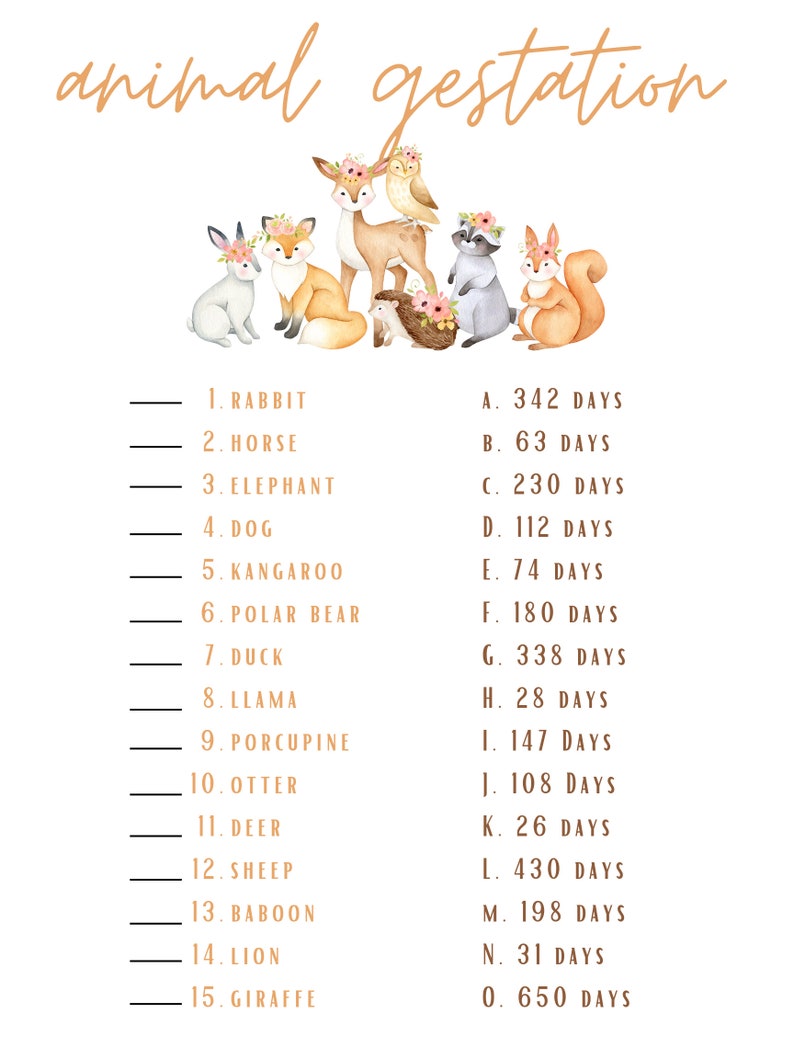 Woodlands Animal Gestation Game | Woodlands Baby Shower Theme | Baby ...