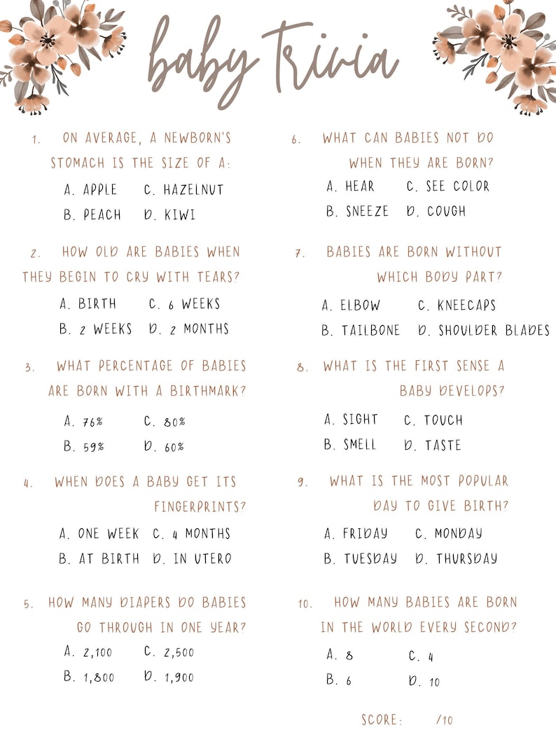 Floral Baby Trivia | Floral Baby Shower Theme | Baby Shower Games ...