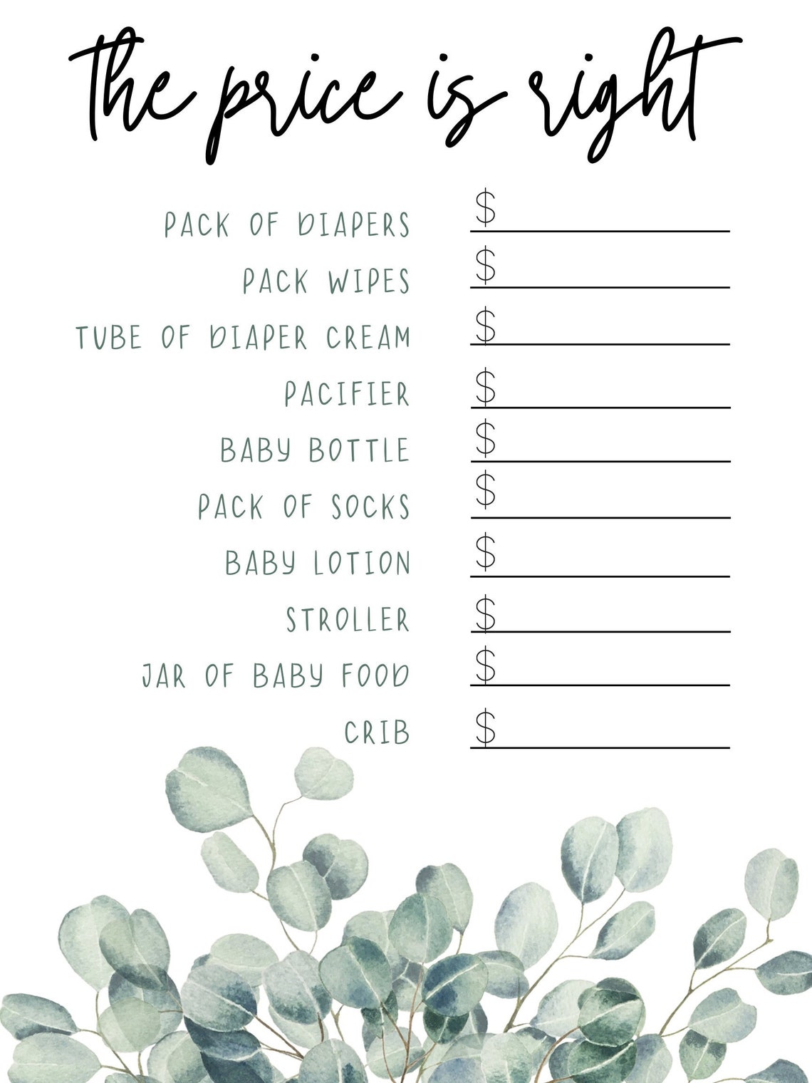 Greenery the Price is Right Game | the Price is Right Baby Edition ...