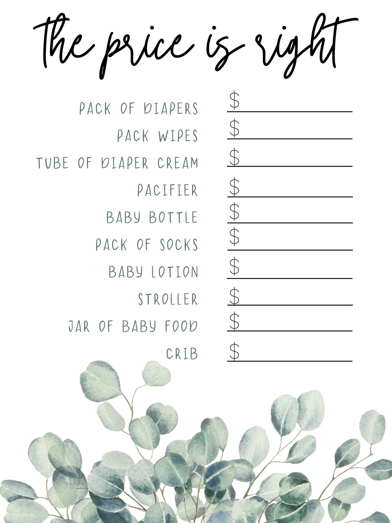 Greenery the Price is Right Game | the Price is Right Baby Edition ...