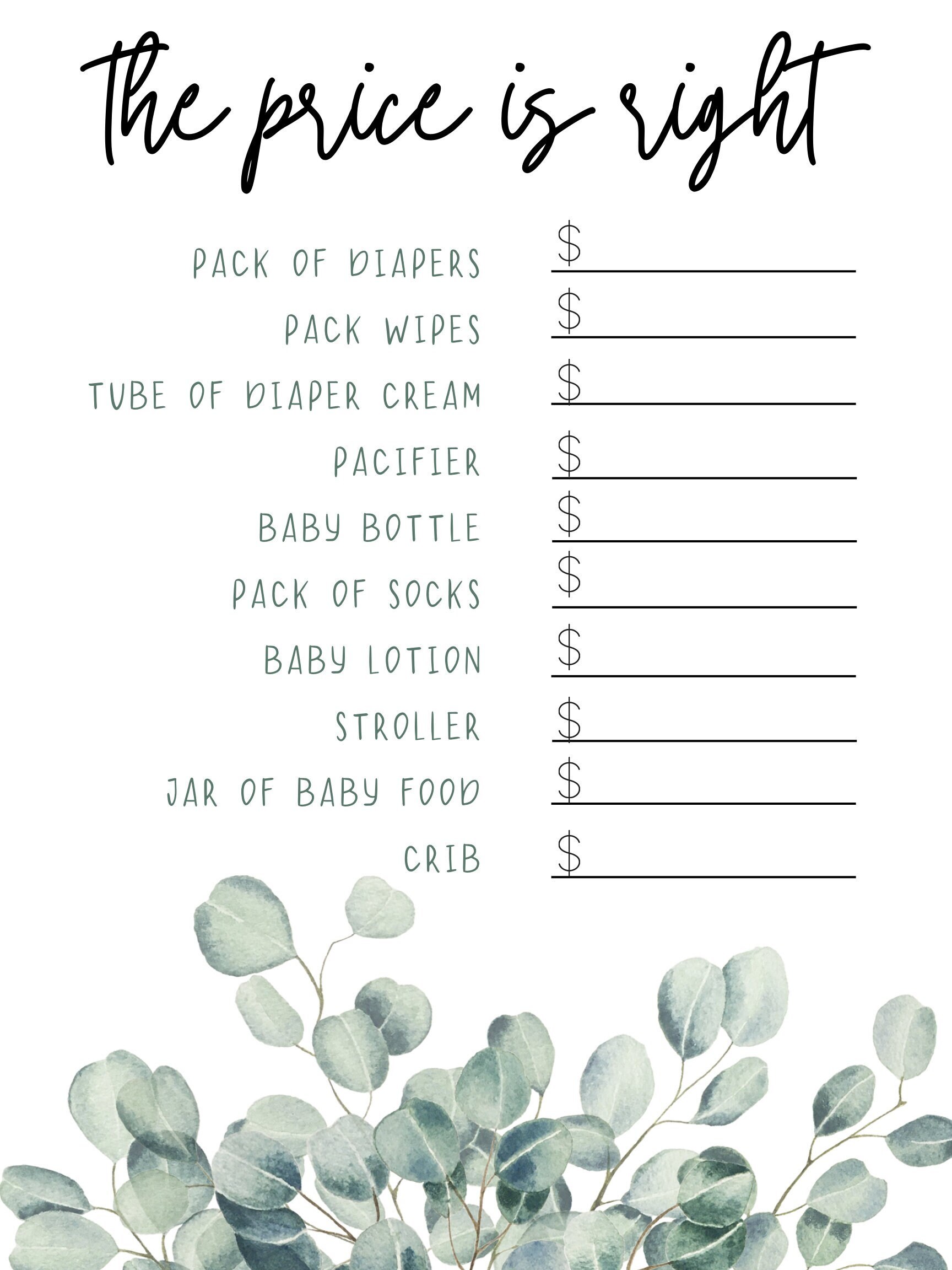 Greenery the Price is Right Game | the Price is Right Baby Edition ...