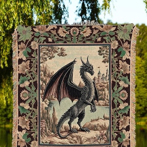 Dark Maximalist Dragon Throw Blanket Woven | Victorian Floral Woodland ...