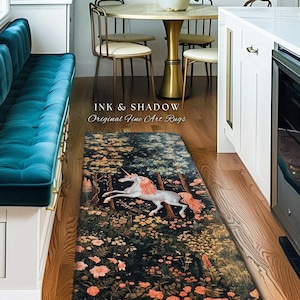 Whimsical Floral Unicorn Runner Rug Woodland Magical Folklore Aesthetic ...