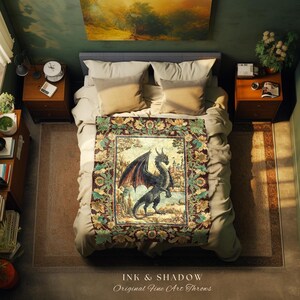 Dark Maximalist Dragon Throw Blanket Woven | Victorian Floral Woodland ...