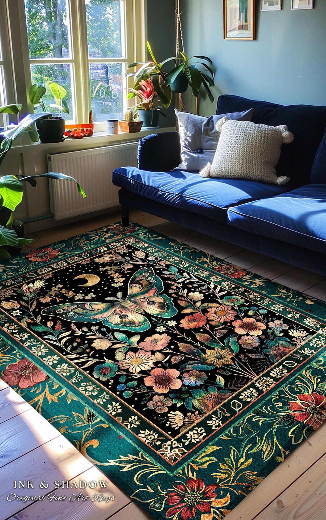 Celestial Cottagecore Floral Moth Rug Woodland Gothic Decor, Fairycore ...