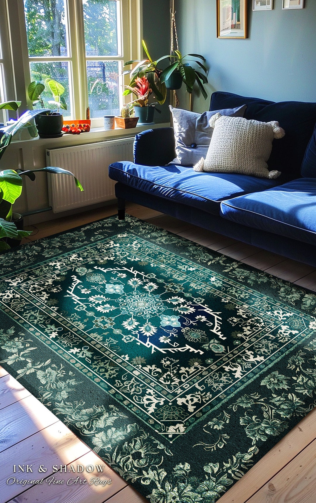Deep Sea Green Room Accent Rug Classic Ornate Statement Rug With Blue ...