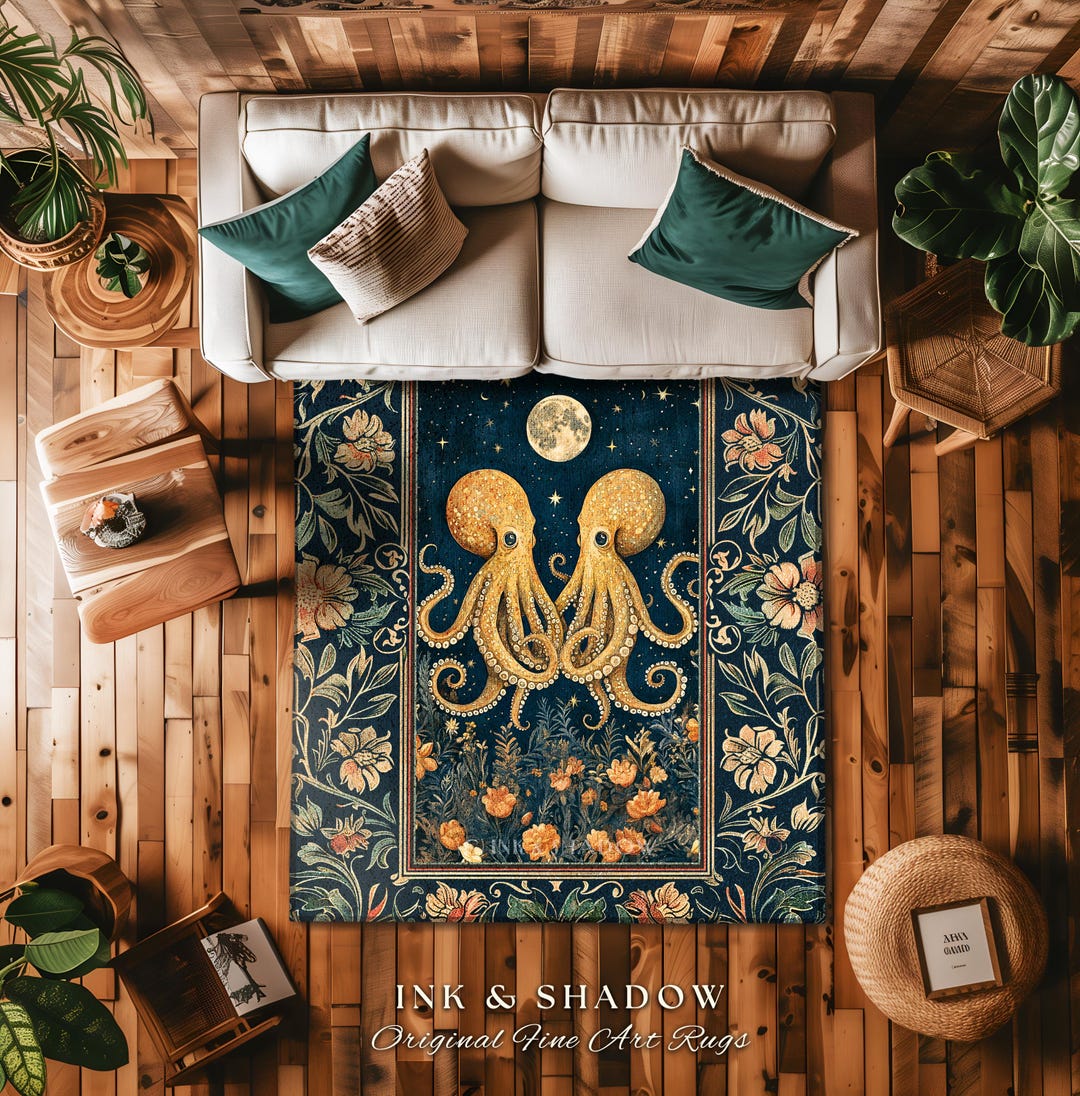 Nautical Storybook Octopus Accent Rug | Whimsigothic Moonlit Sea Life ...