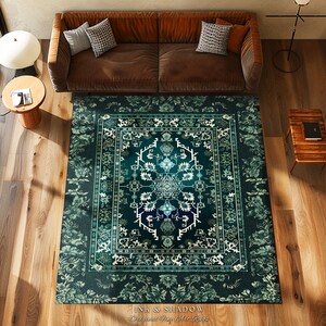 Deep Sea Green Room Accent Rug Classic Ornate Statement Rug With Blue ...