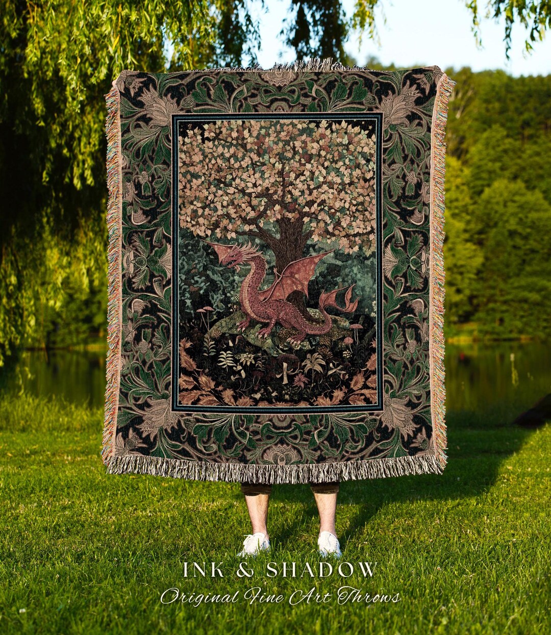 Moody Maximalist Dragon Woven Blanket | Dark Floral Cottagecore ...