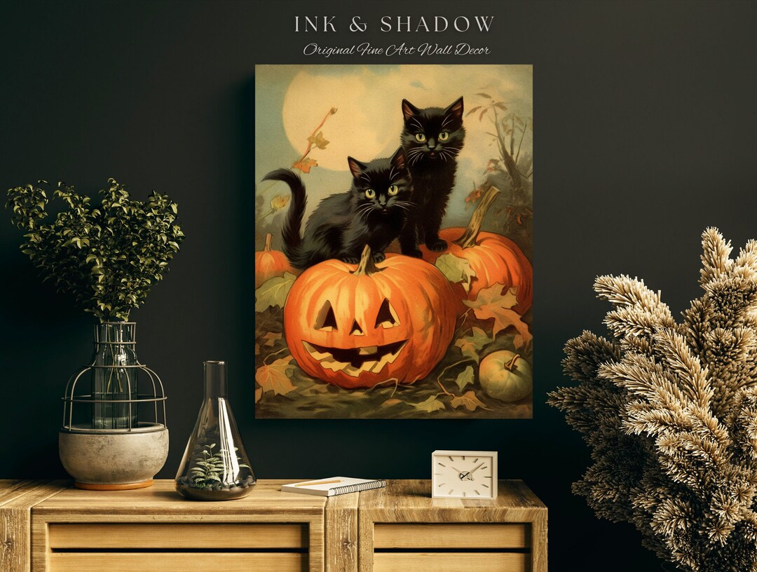 Halloween Cute Poster Print Goth Bedroom Decor Black Cat Art Pumpkin ...
