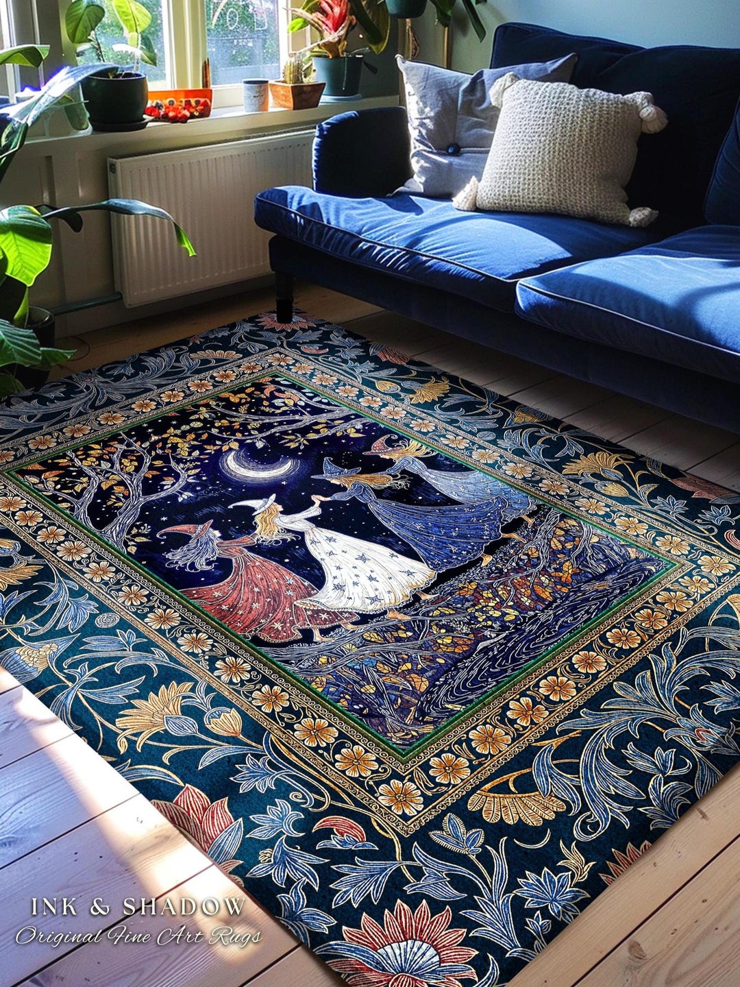 Moonlit Magic Witches Area Rug | Medieval Fairytale Floral Enchanted ...