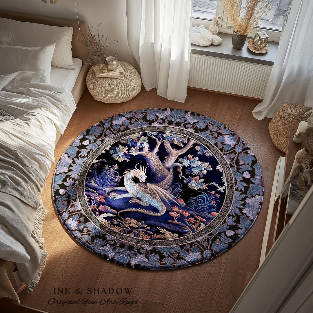 Mystic Moody Dragon Round Area Rug | Ethereal Botanical Woodland Magic ...