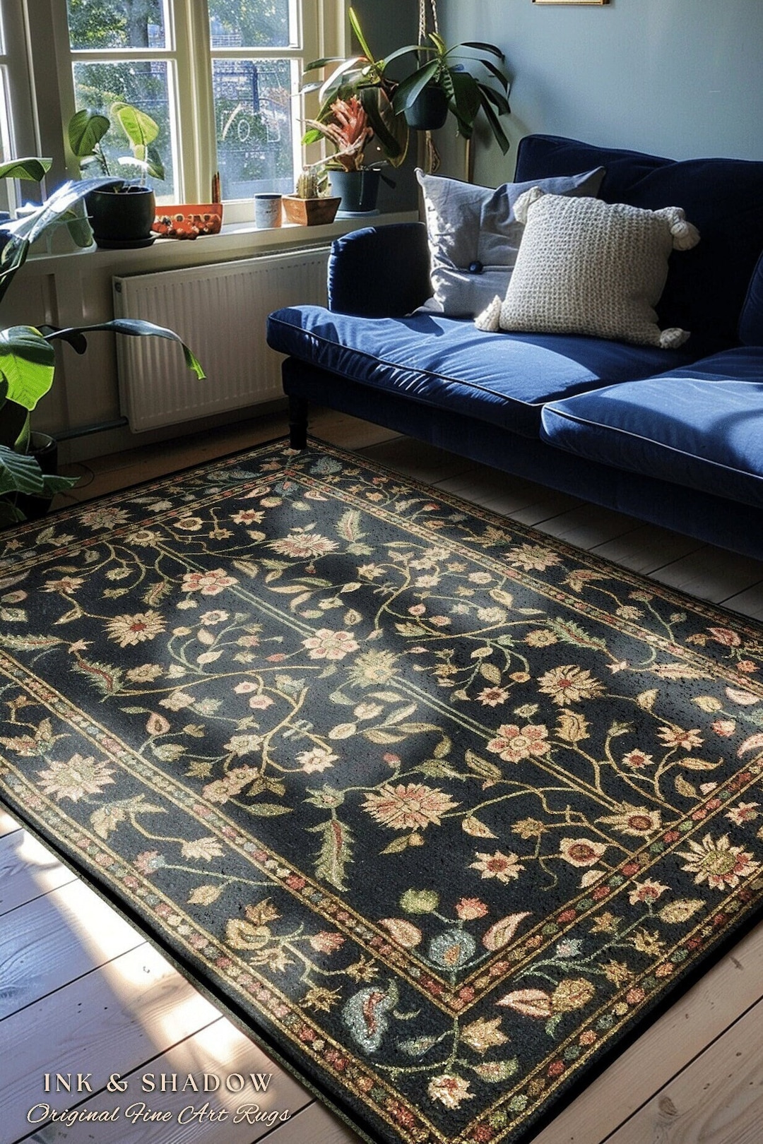 Dark Academia Living Room Rug Dark Floral Aesthetic Common Room Home ...