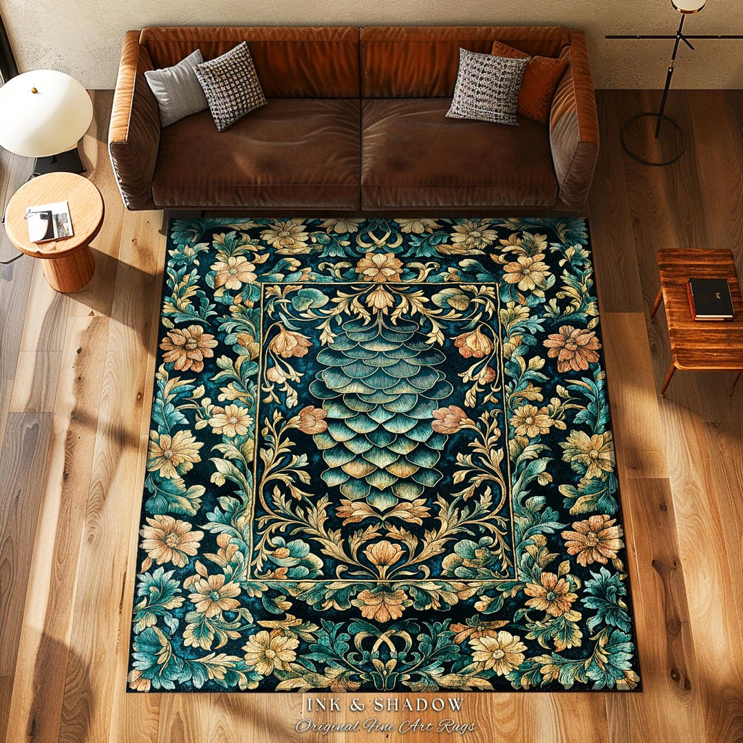 Flower Decorated Dragon Scale Area Rug | Nordic Style Dark Academia ...