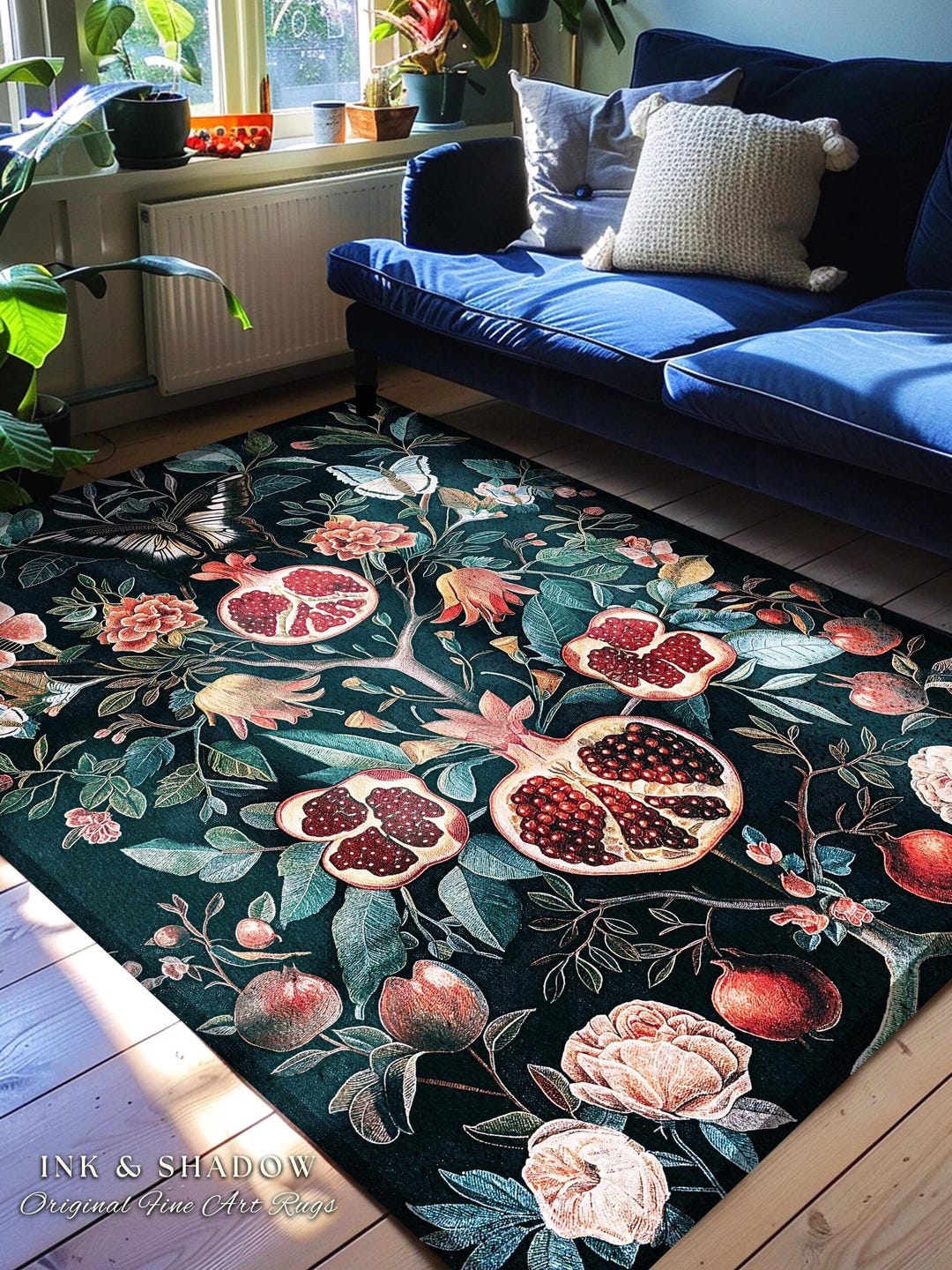 Vintage Pomegranate Floral Whimsigoth Rug Enchanted Botanical Butterfly ...
