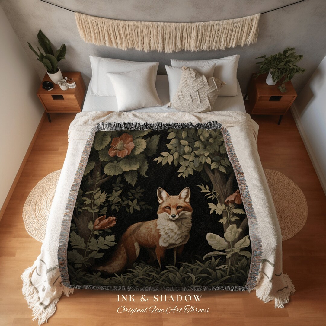 Woodland Gothic Fox Tapestry | Woodland Folk Art Blanket Woven Tapestry ...