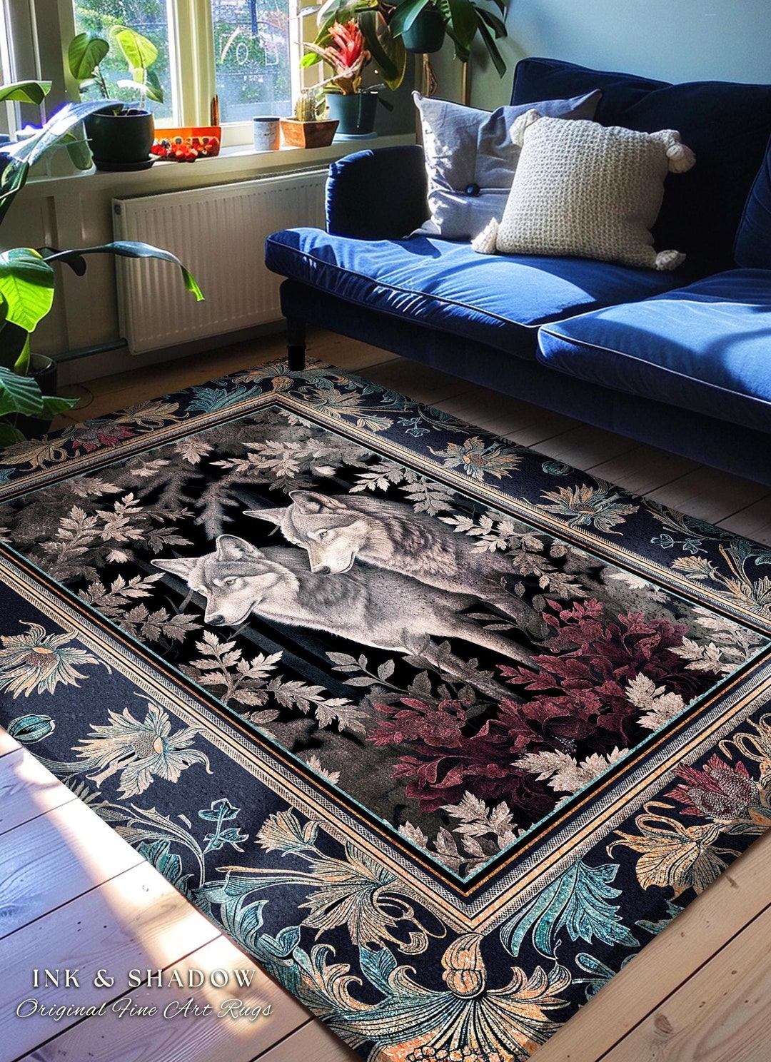 Dark Maximalist Wolf Accent Rug | Woodland Gothic Wolf Area Rug Nordic ...