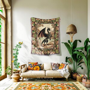 Dark Maximalist Dragon Throw Blanket Woven | Victorian Floral Woodland ...