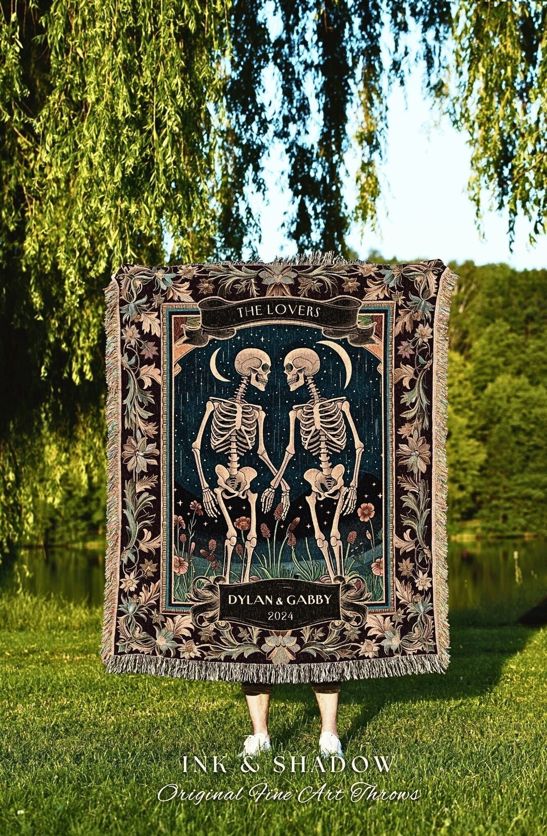 Skeleton Lovers Tarot Aesthetic Throw | Celestial Skeleton Couple Woven ...
