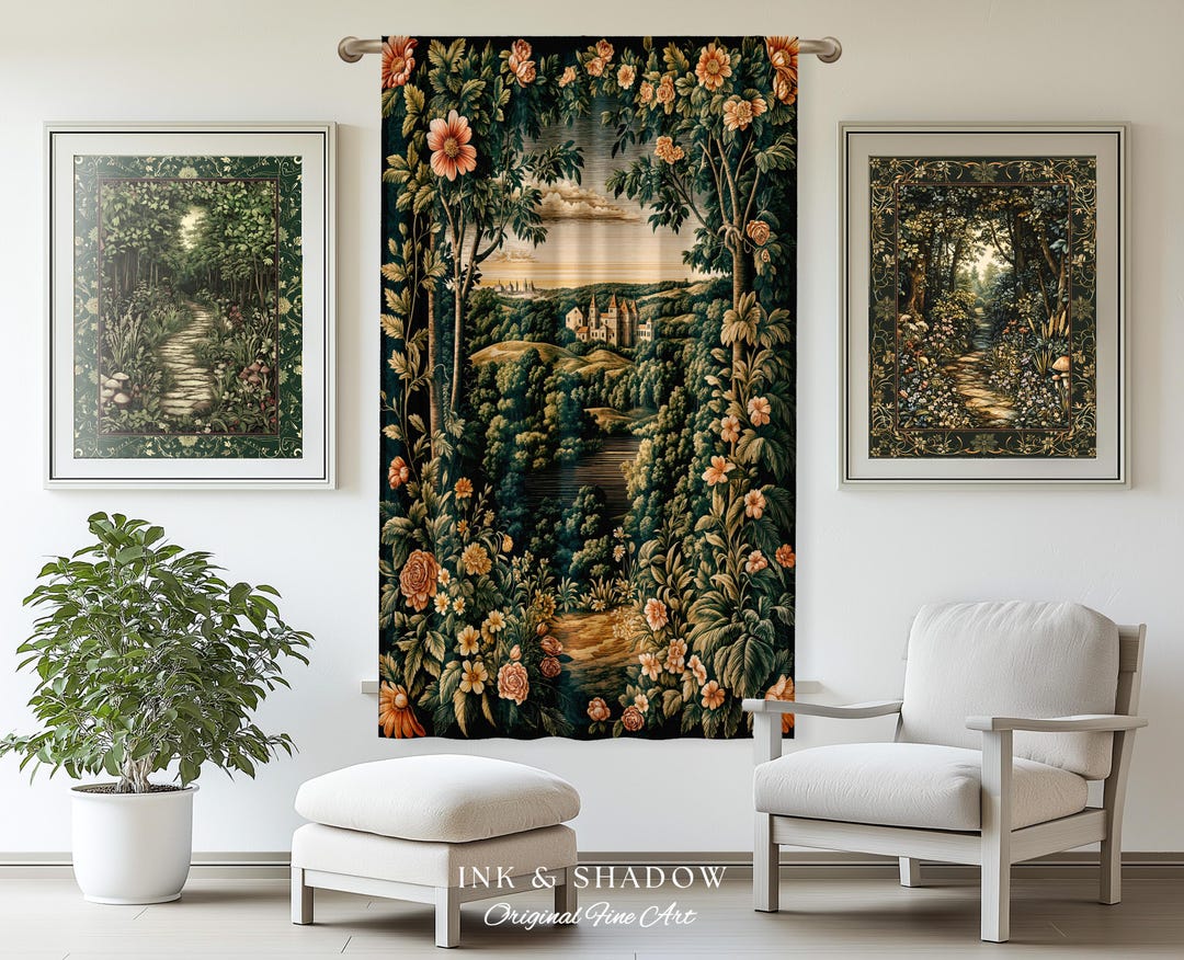 Princess Medieval Castle Window Curtains | Rustic Floral Landscape ...