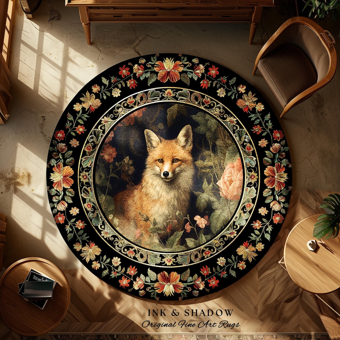 Floral Fairycore Whimsigoth Round Fox Botanical Rug Dark Forestcore ...