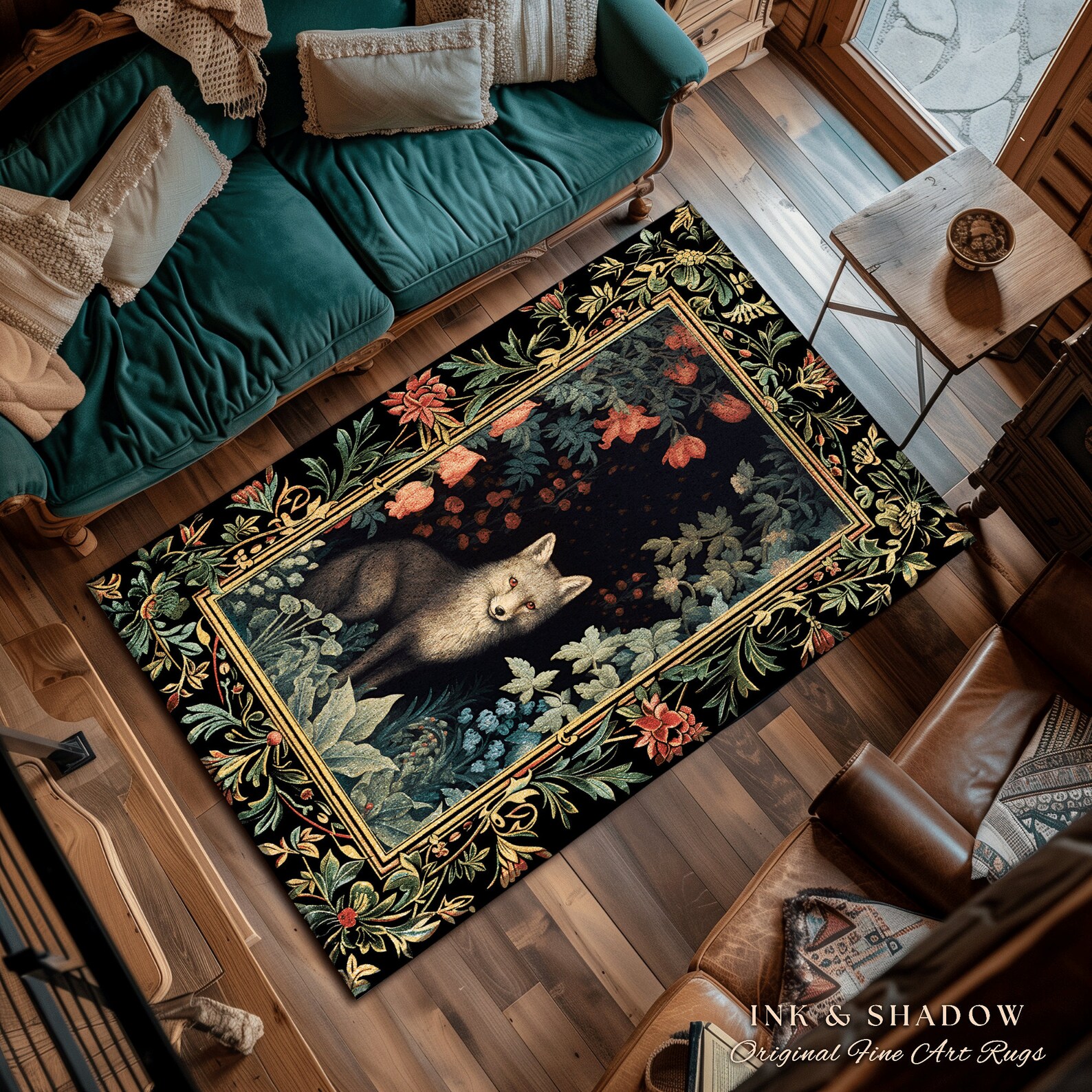 Woodland Gothic Fox Forestcore Rug Dark Botanical Cottagegoth Room ...
