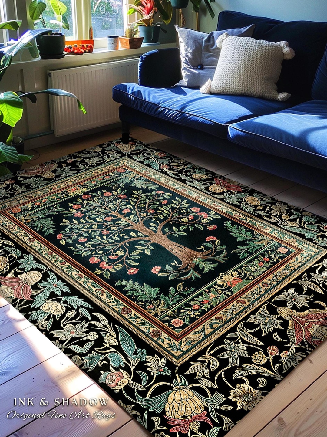Medieval Folk Art Dark Floral Rug | Ornate Tree of Life Morris Style ...