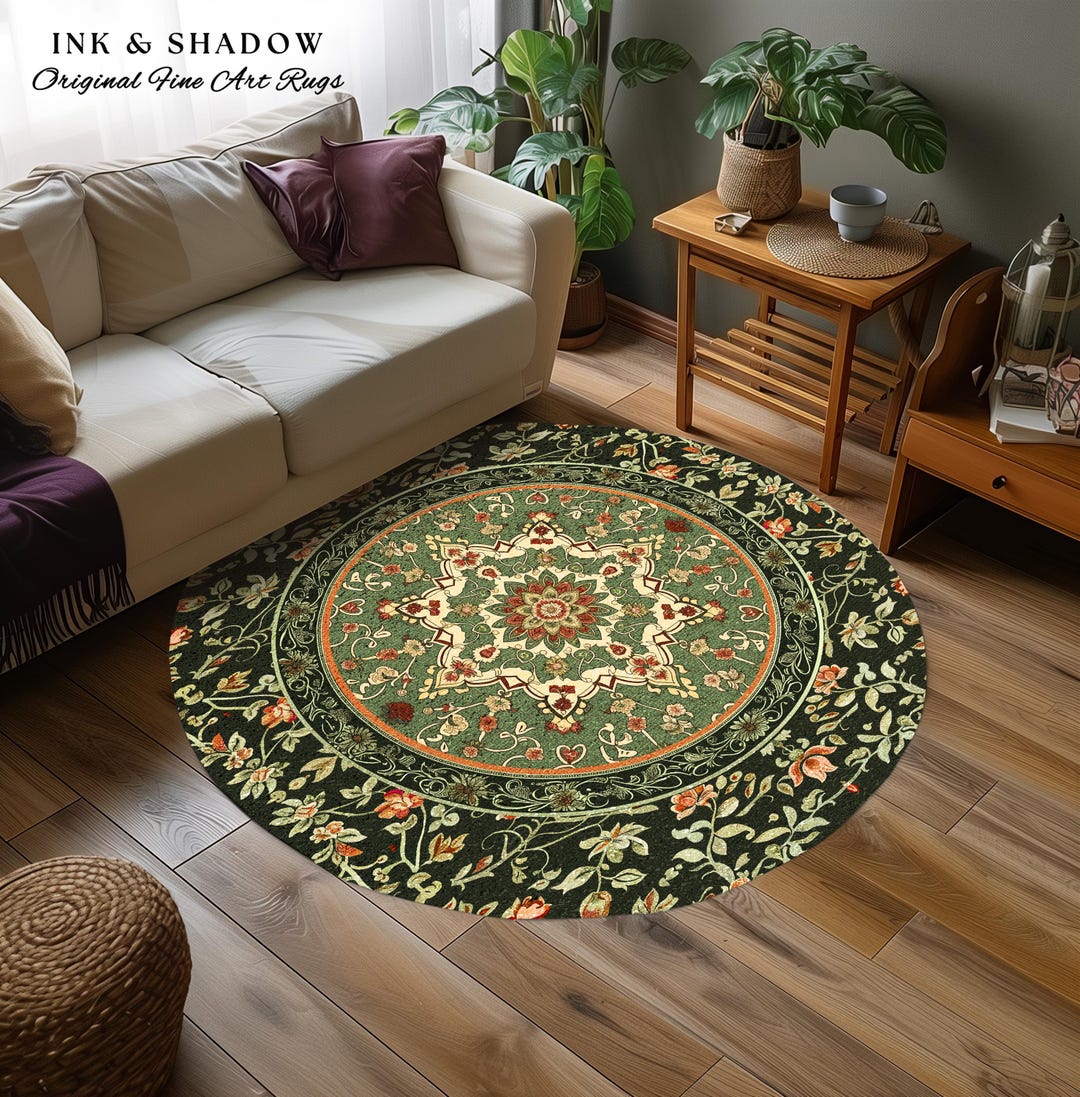 Ornate Floral Medallion Sage Green Round Rug Antique Persian Style ...