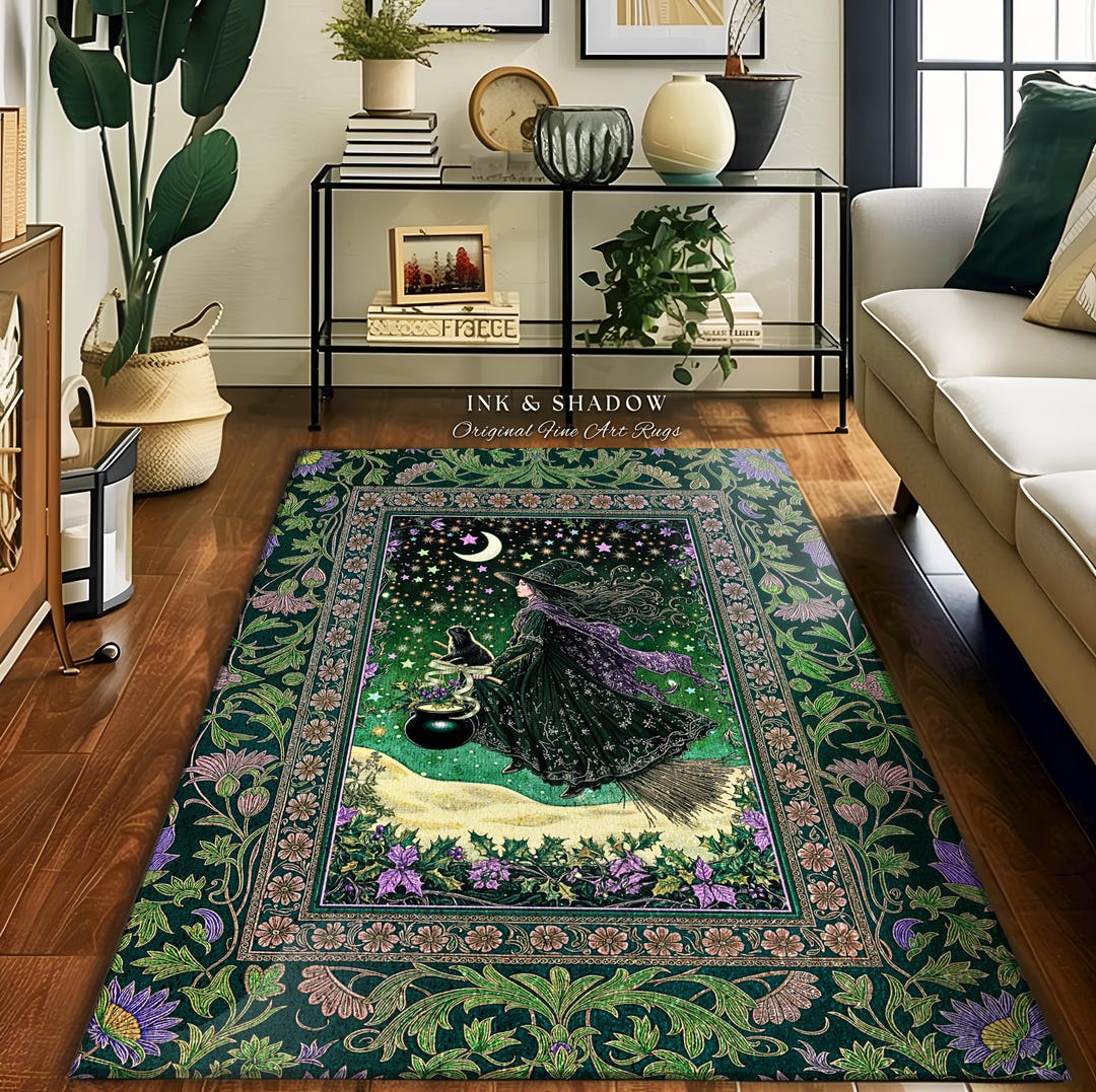 Botanical Witch Flying Broomstick Rug | Whimsigoth Bedroom Accent ...