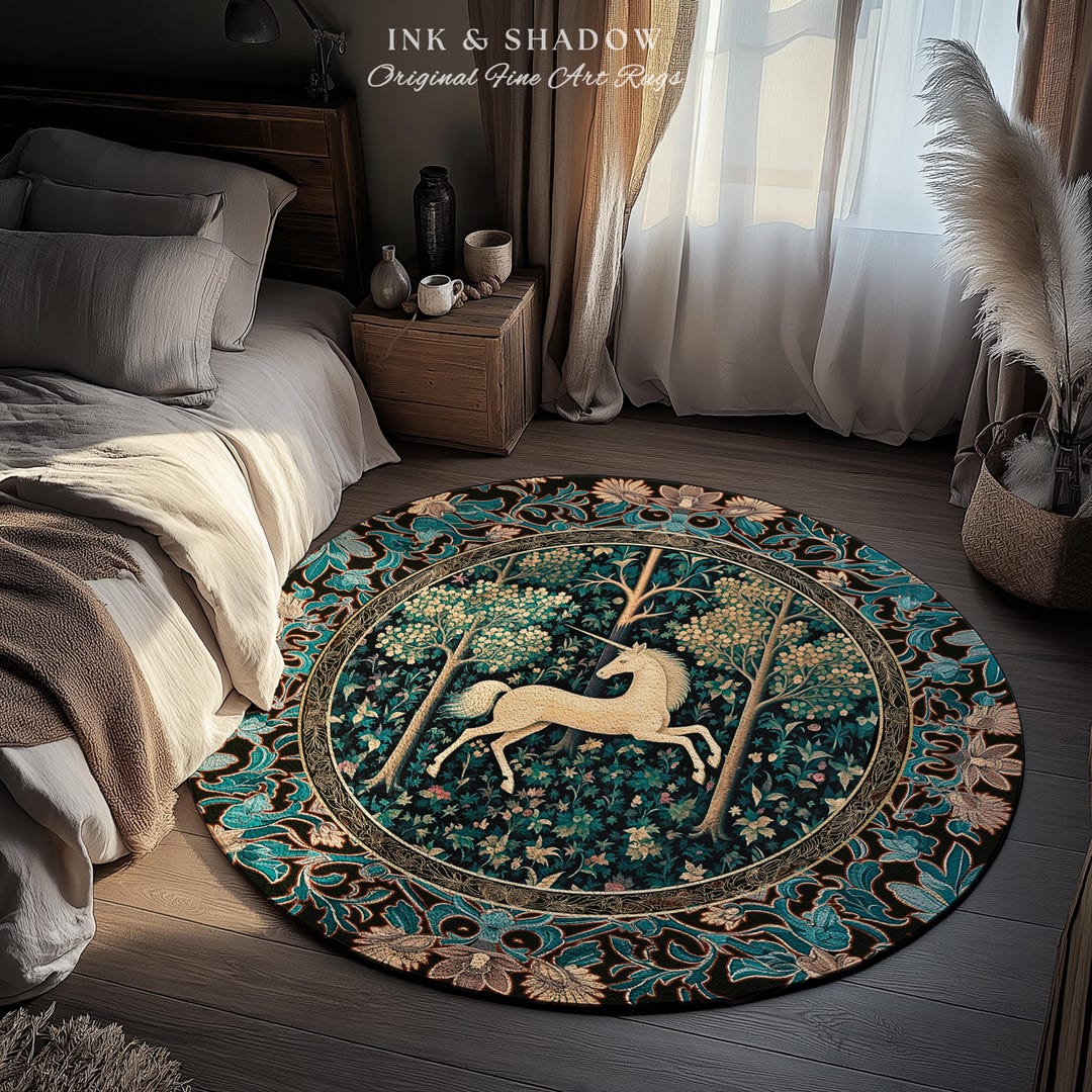 Moonlit Forest Mystical Unicorn Round Rug Medieval Fairycore Decor ...