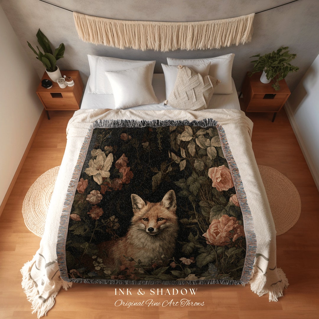 Forestcore Fox Blanket Woven | Woodland Folk Art Blanket Woven Tapestry ...