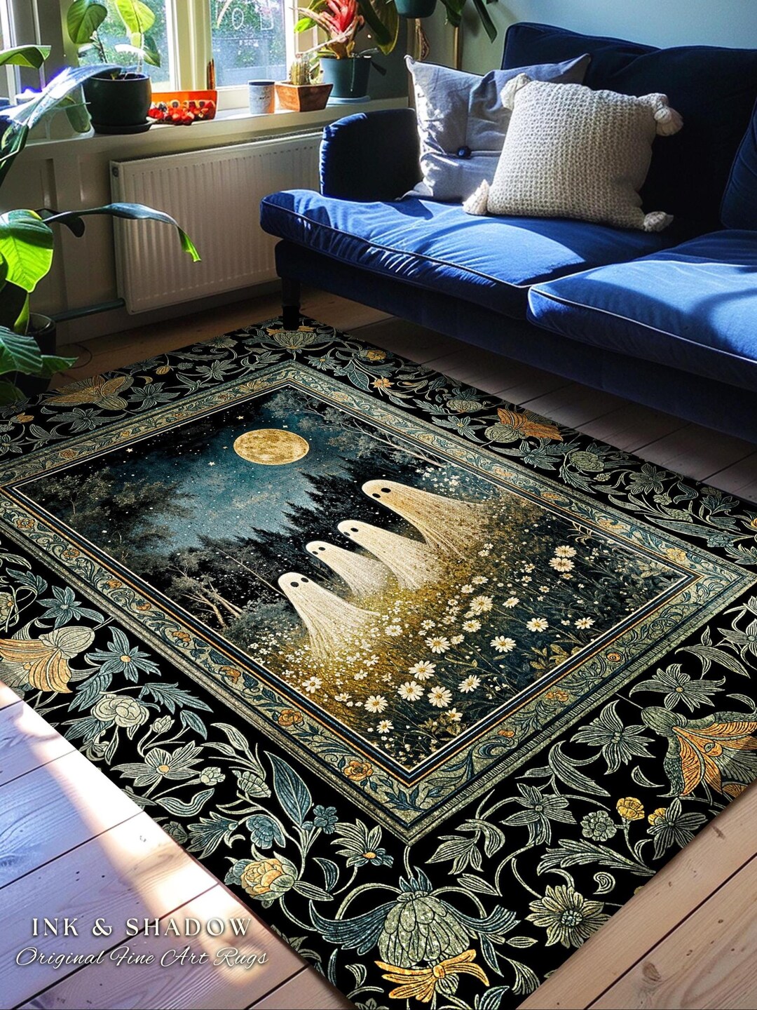 Mystic Full Moon Ghost Family Rug | Floral Halloween Accent Rug ...