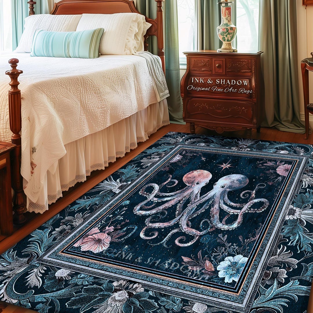 Ocean Blue Octopus Area Rug | Rustic Nautical Sea Life Home Accent Rug ...