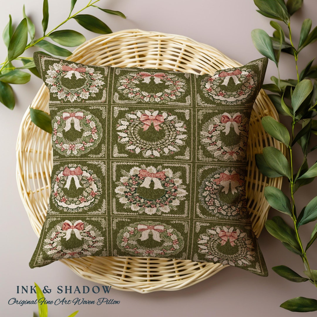 Scandi Sage Green & Cream Norfolk Wreath Tapestry Cushion Cozy Vintage ...