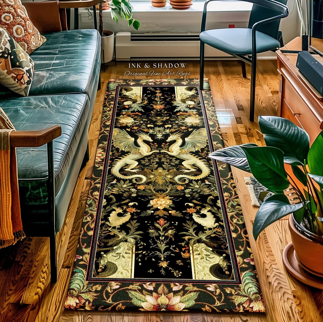 Ornate Antique Gold Folklore Aesthetic Baroque Dragon Runner Rug ...