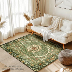 Boho Olive Green Floor Rug | Classic Ornate Victorian Rug With Sage ...